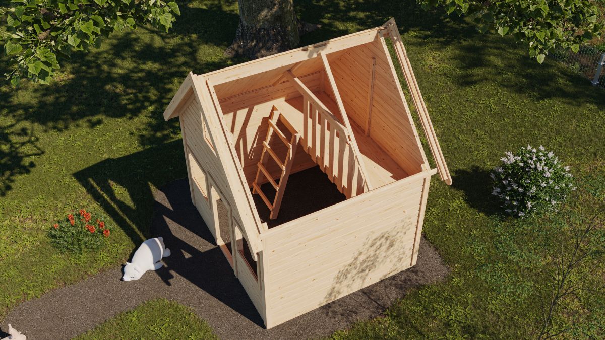 Modernes Karibu/Akubi Holz-Spielhaus KALLE mit Satteldach, zweistöckig